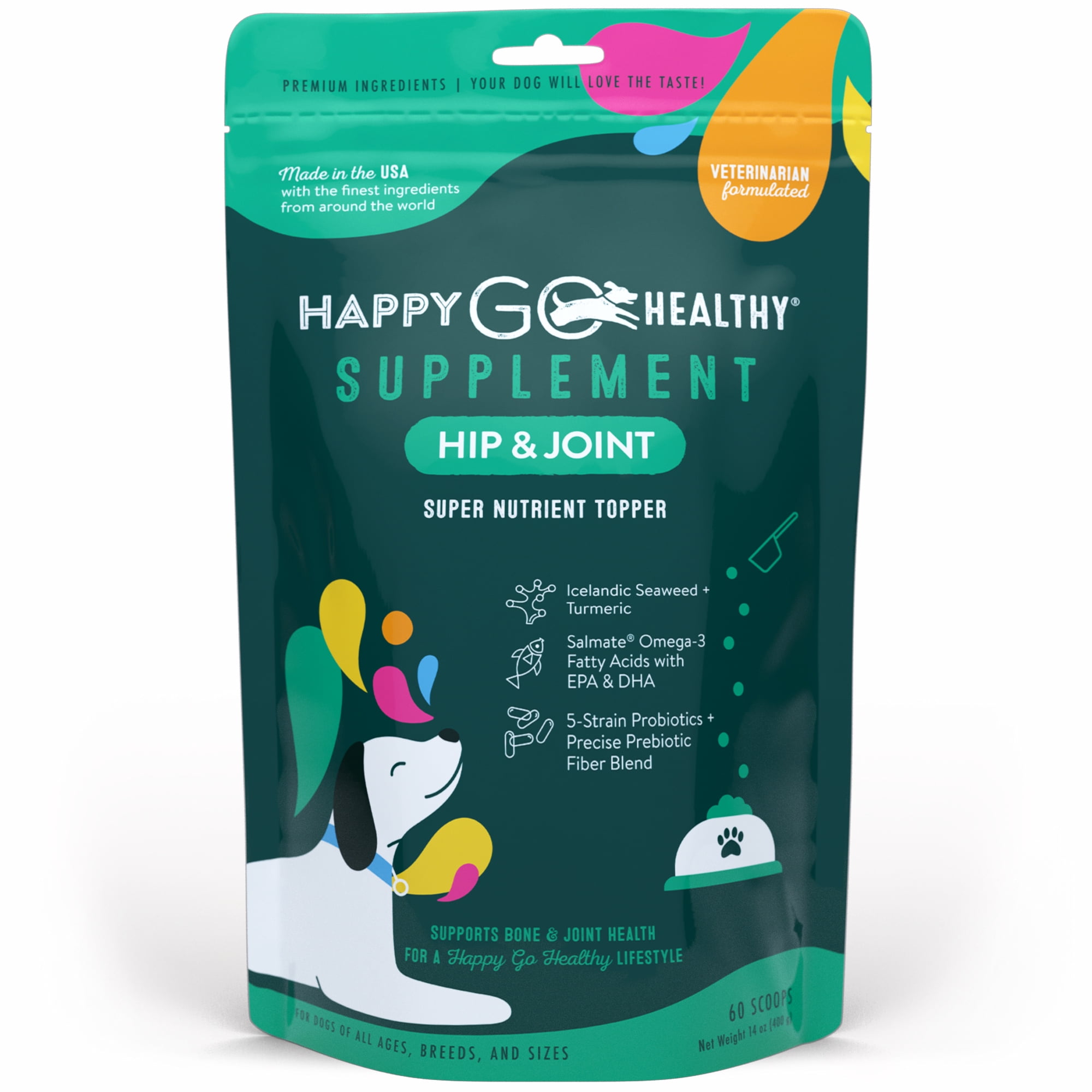 Happy Go Healthy Hip and Joint Supplement for Dogs, Standard 14 oz, 60 ...