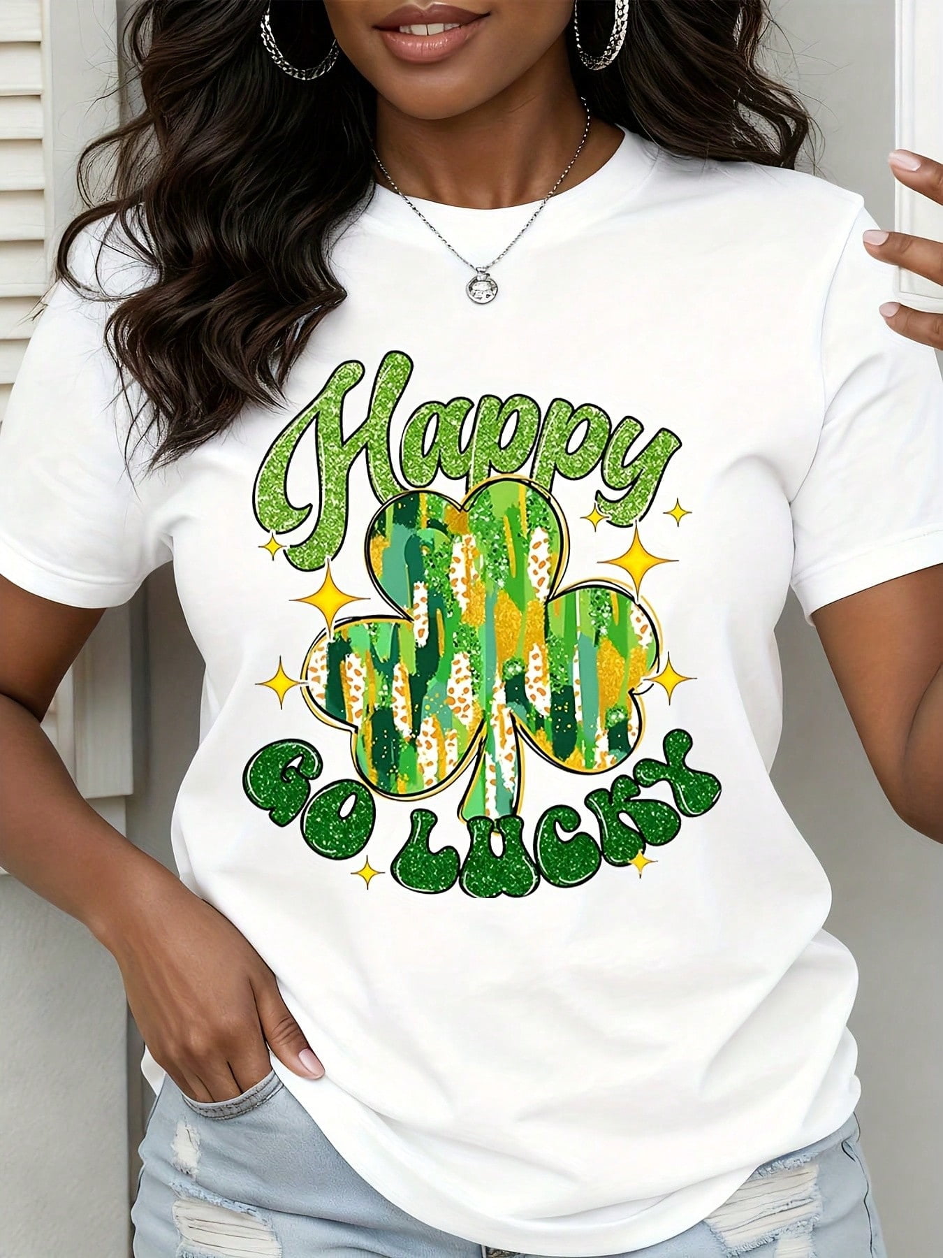 Happy Go Lucky Glitter Clover Shamrock Women Casual Short Sleeve ...