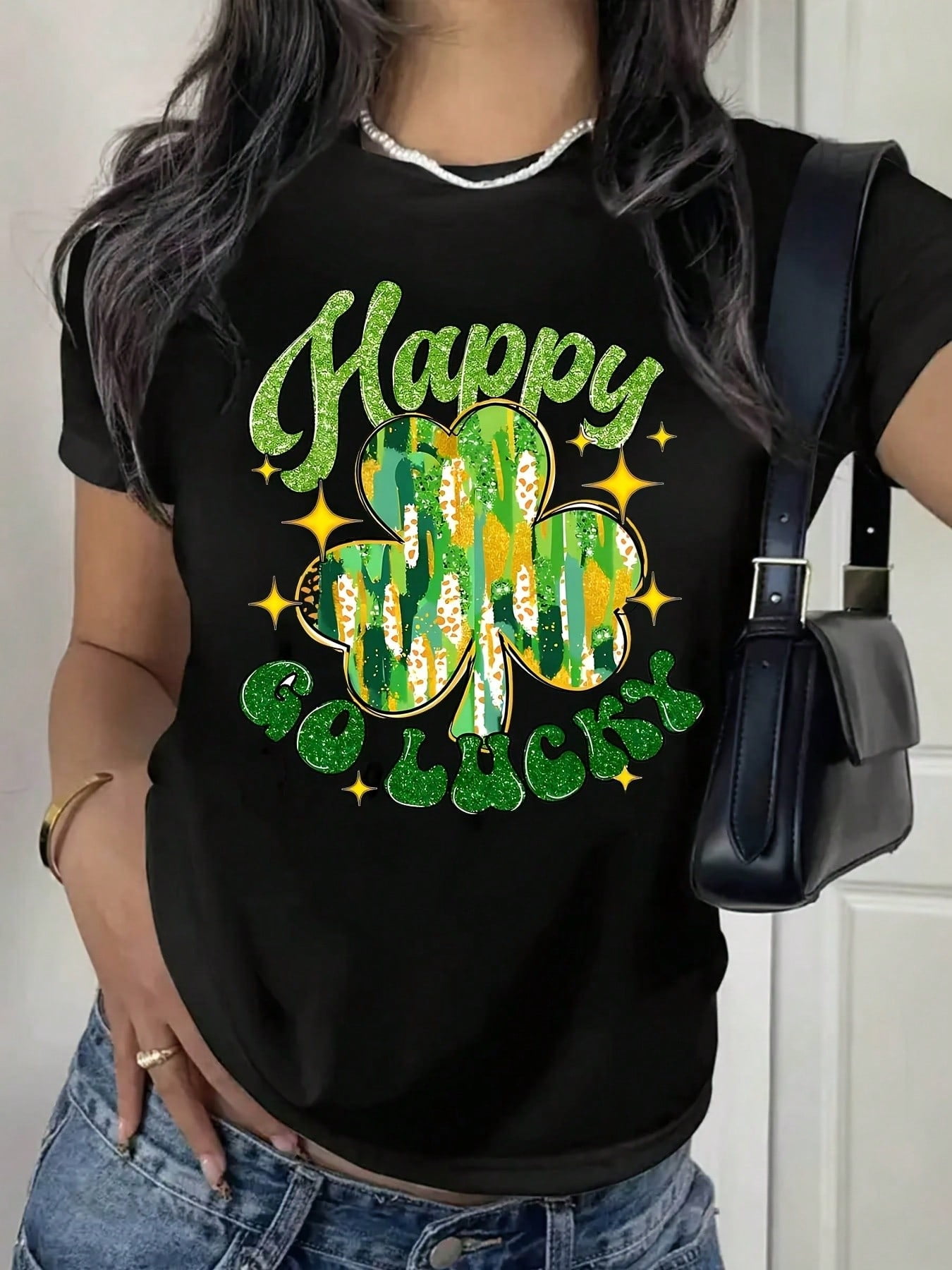 Happy Go Lucky Glitter Shamrock Women Cotton Blend Short Sleeve Casual ...