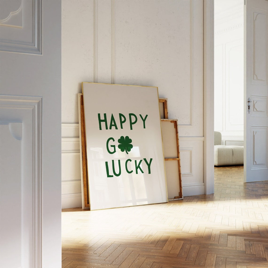 Happy Go Lucky St Patricks Day Art Print, Four Leaf Clover Typography ...