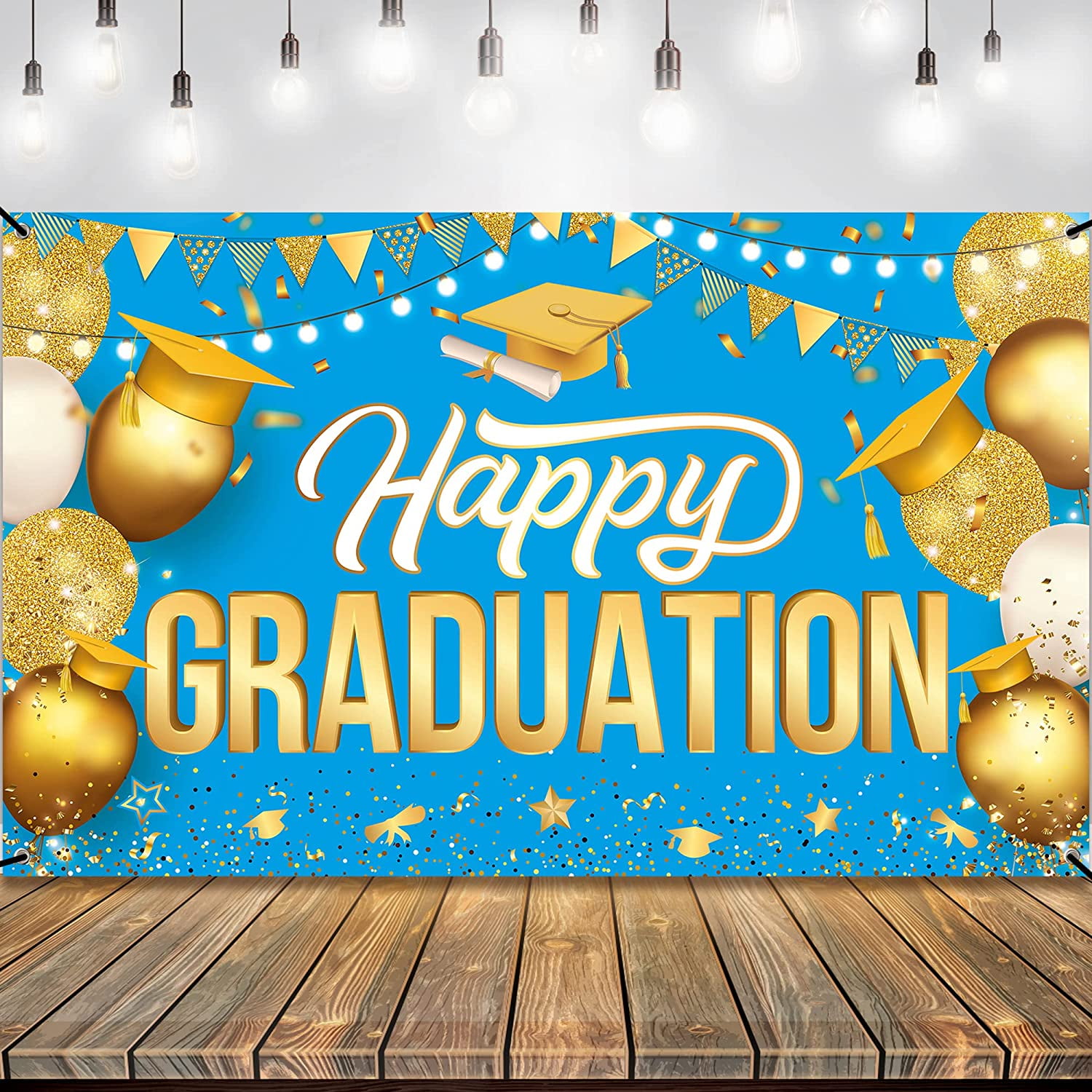 Happy Graduation Banner Blue and Gold, Graduation Backdrop 2024 ...