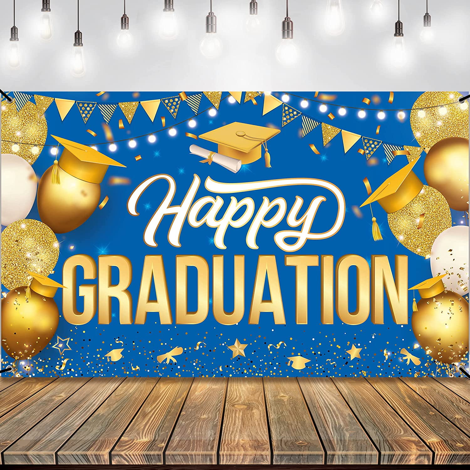 Happy Graduation Banner Gold and Blue, Graduation Backdrop 2024 ...