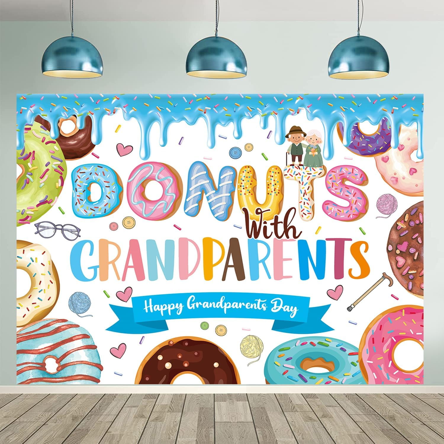 Happy Grandparents Day Backdrop Blue Donuts with Grandparents Banner ...