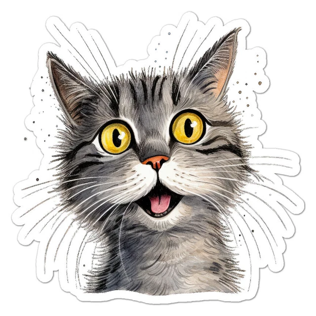 Happy Grey Cat Sticker Indoor Outdoor Phone Decal Water Bottle Stickers ...