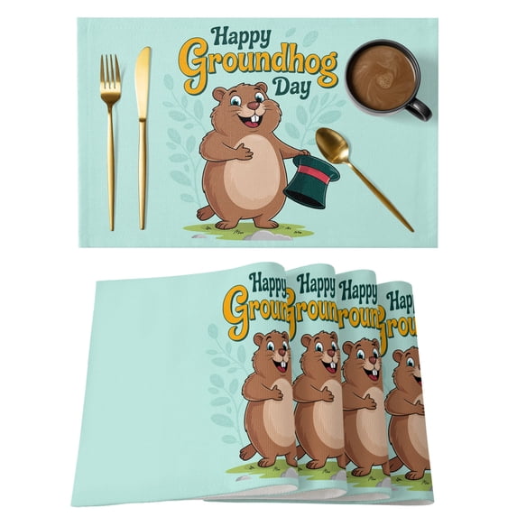 Happy Groundhog Day Cotton Linen Placemats Set of 12, Cartoon Black Hat ...