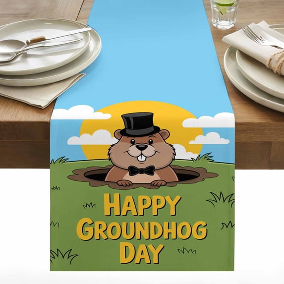 Happy Groundhog Day Cotton Linen Table Runner Cartoon Groundhog Hole ...