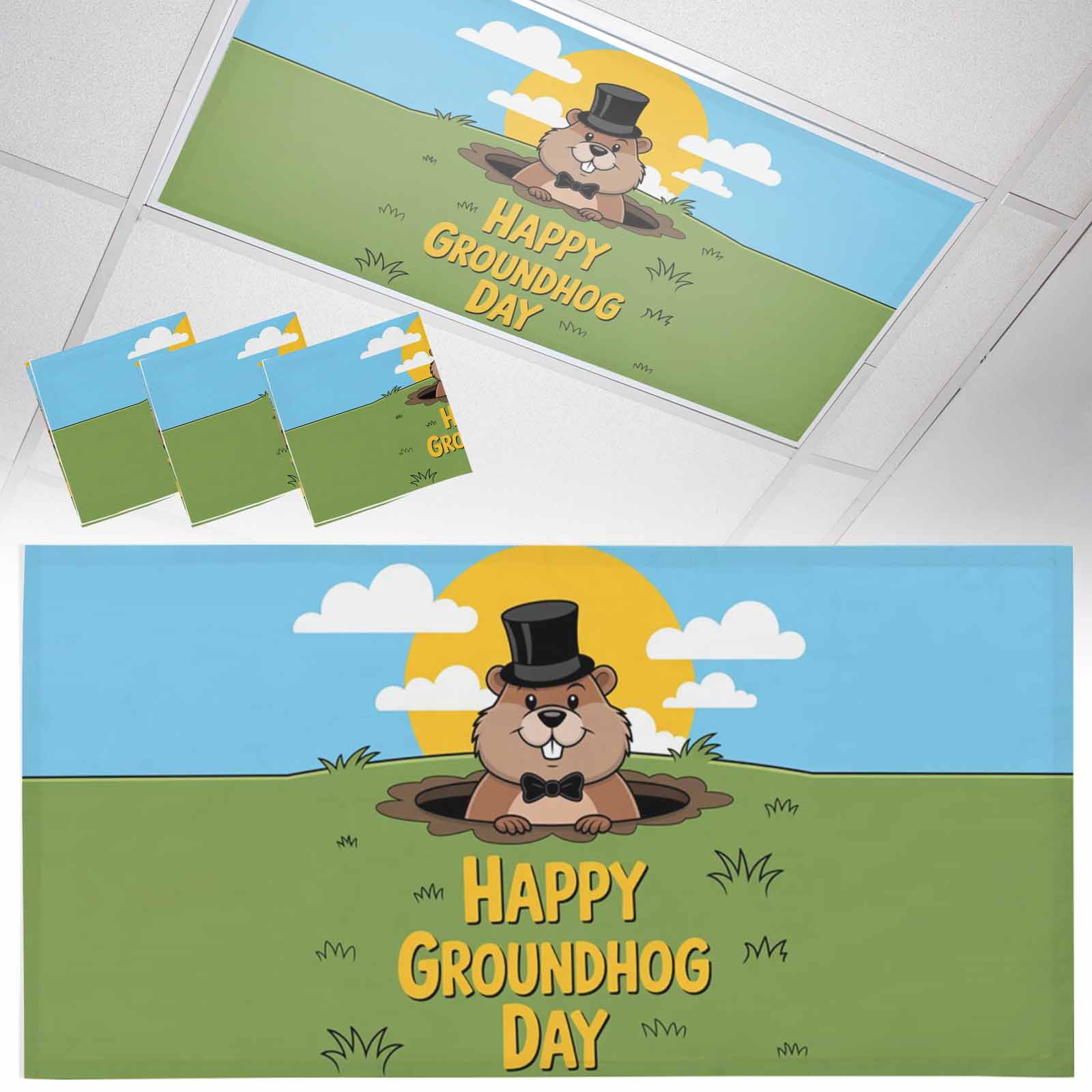 Happy Groundhog Day Fluorescent Light Covers Cartoon Groundhog Hole ...