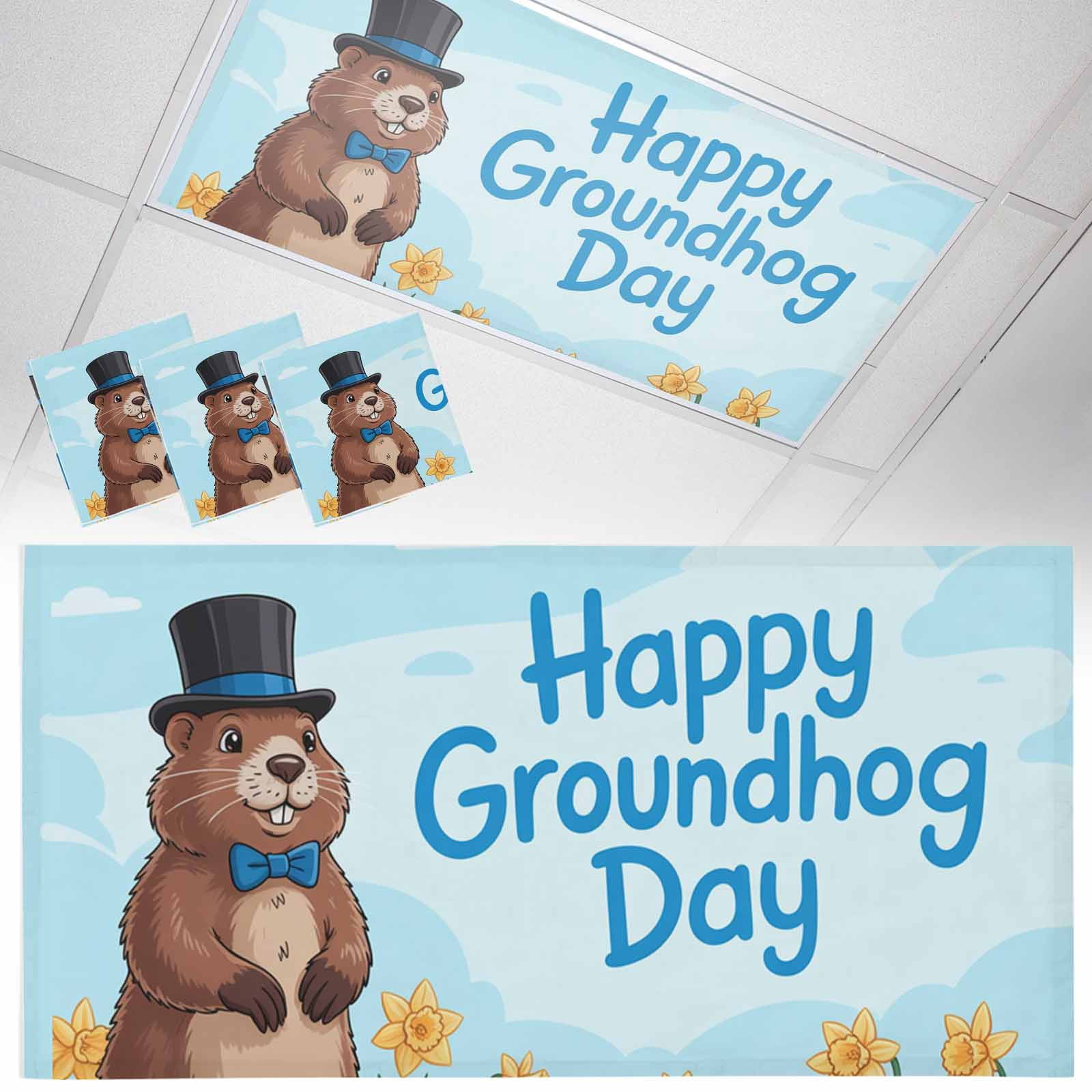 Happy Groundhog Day Fluorescent Light Covers Cartoon Yellow Floral Blue ...