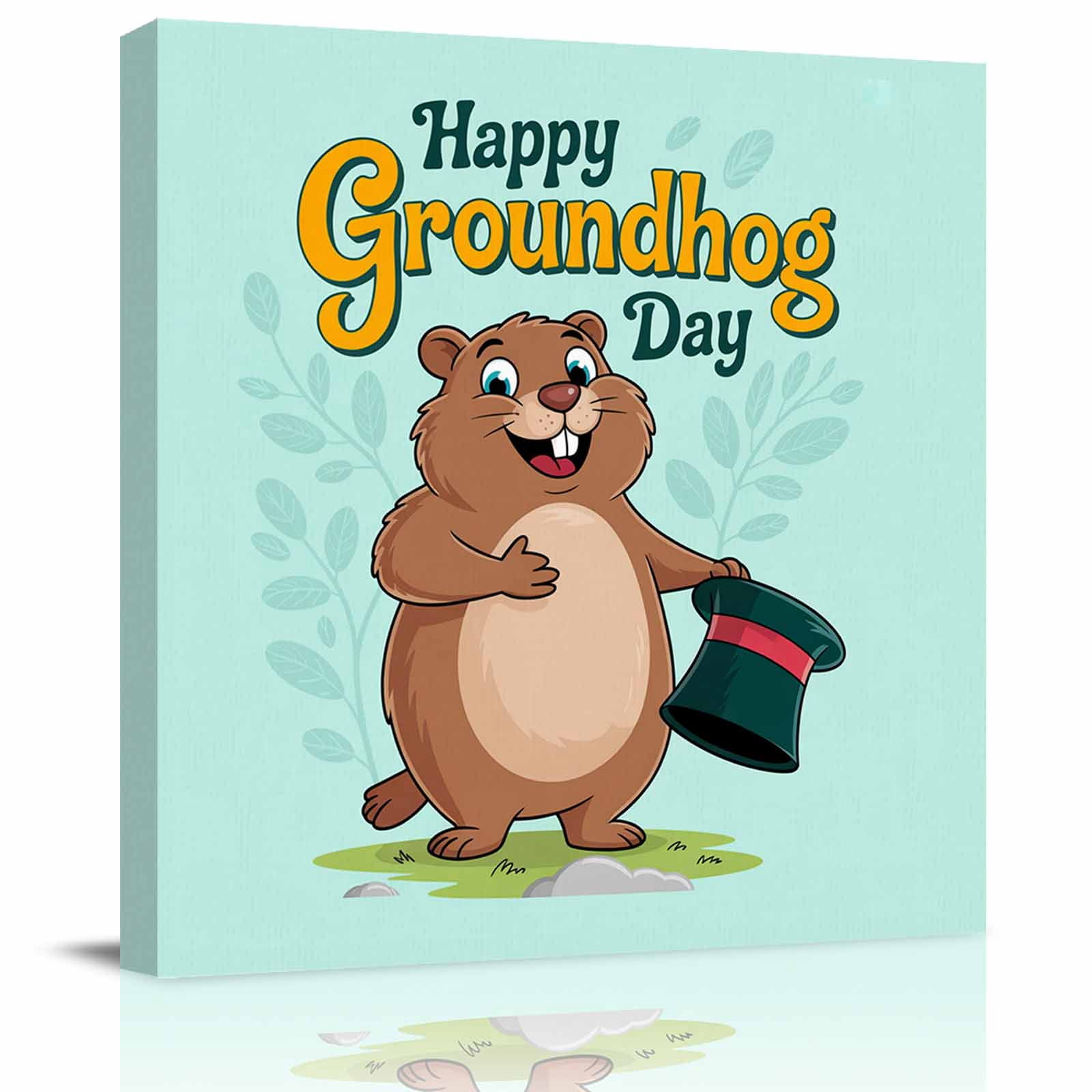 Happy Groundhog Day Framed Canvas Wall Art, Cartoon Black Hat Groundhog ...