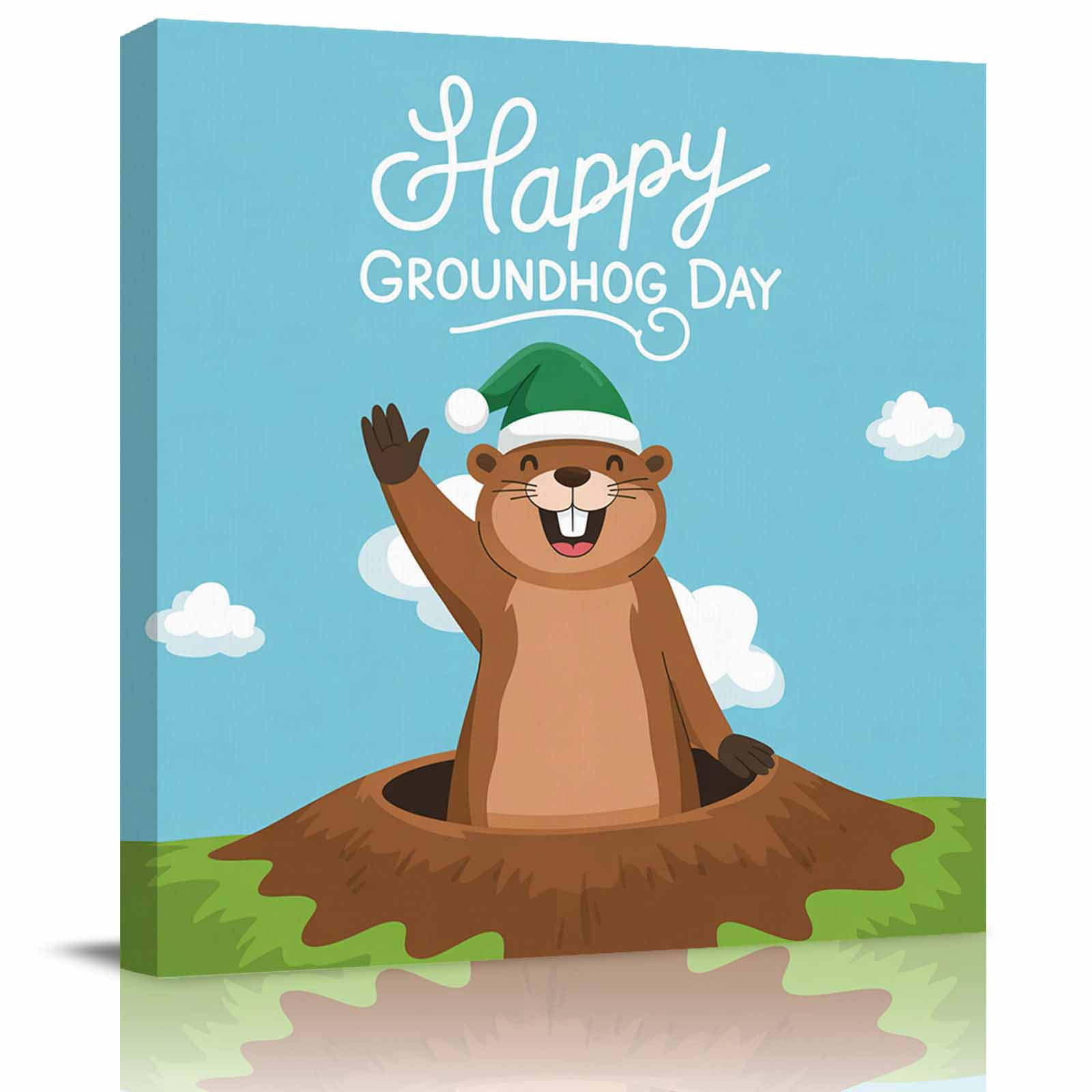 Happy Groundhog Day Framed Canvas Wall Art, Cartoon Green Hat Groundhog ...
