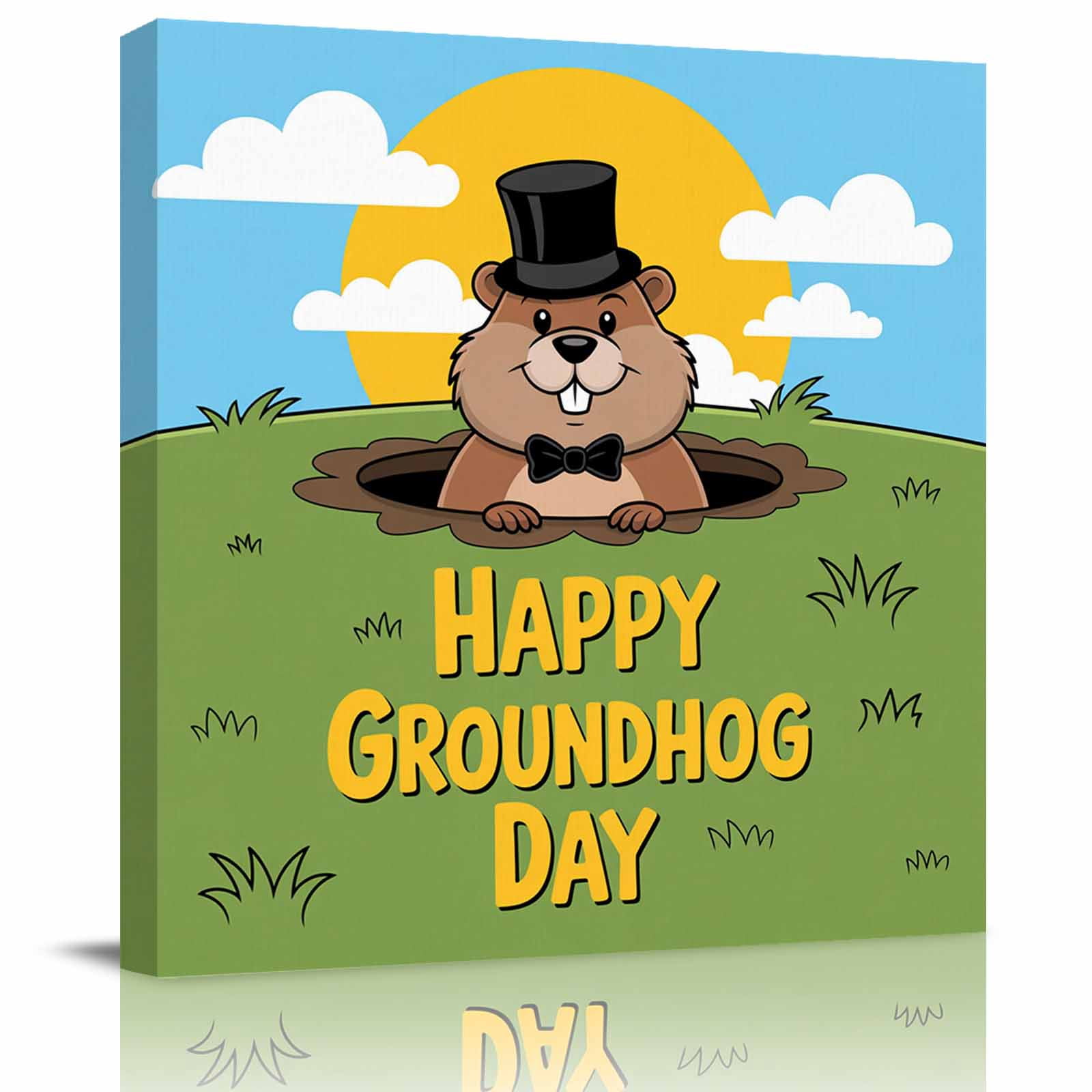Happy Groundhog Day Framed Canvas Wall Art, Cartoon Groundhog Hole ...
