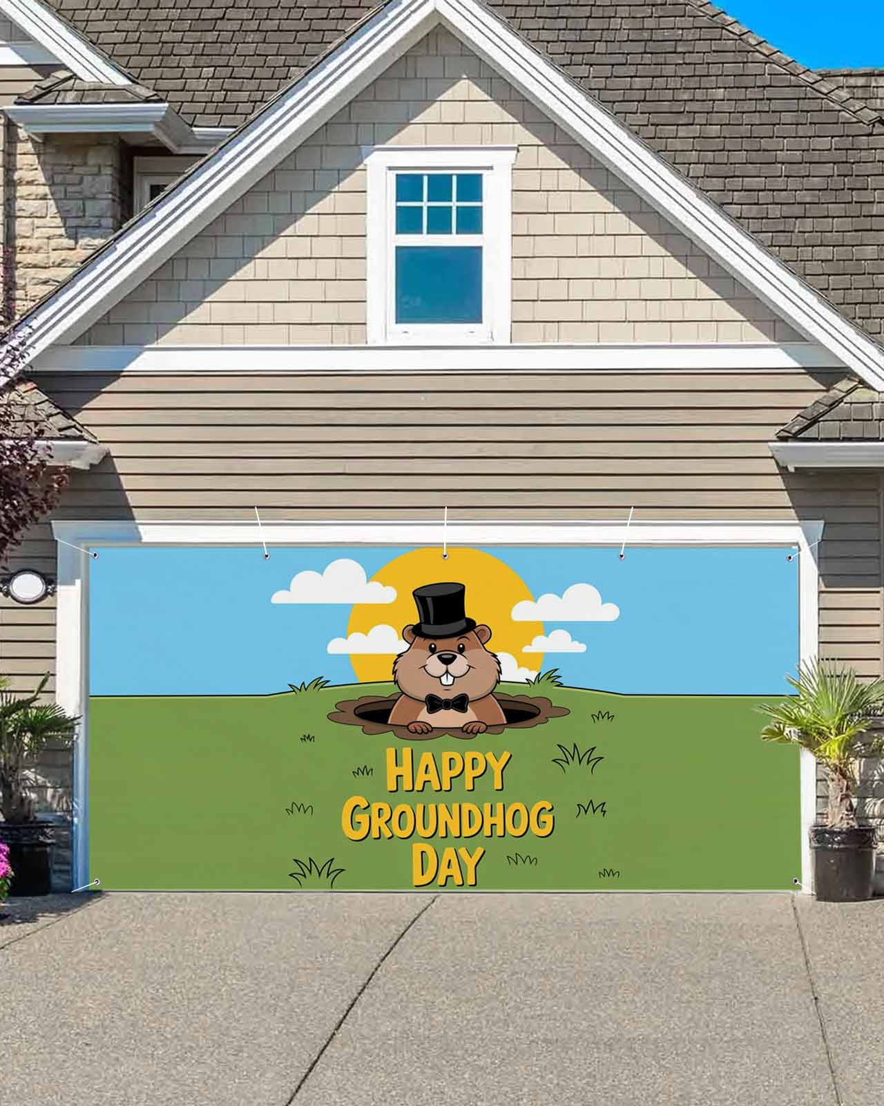 Happy Groundhog Day Garage Door Banner Covers, Cartoon Groundhog Hole ...