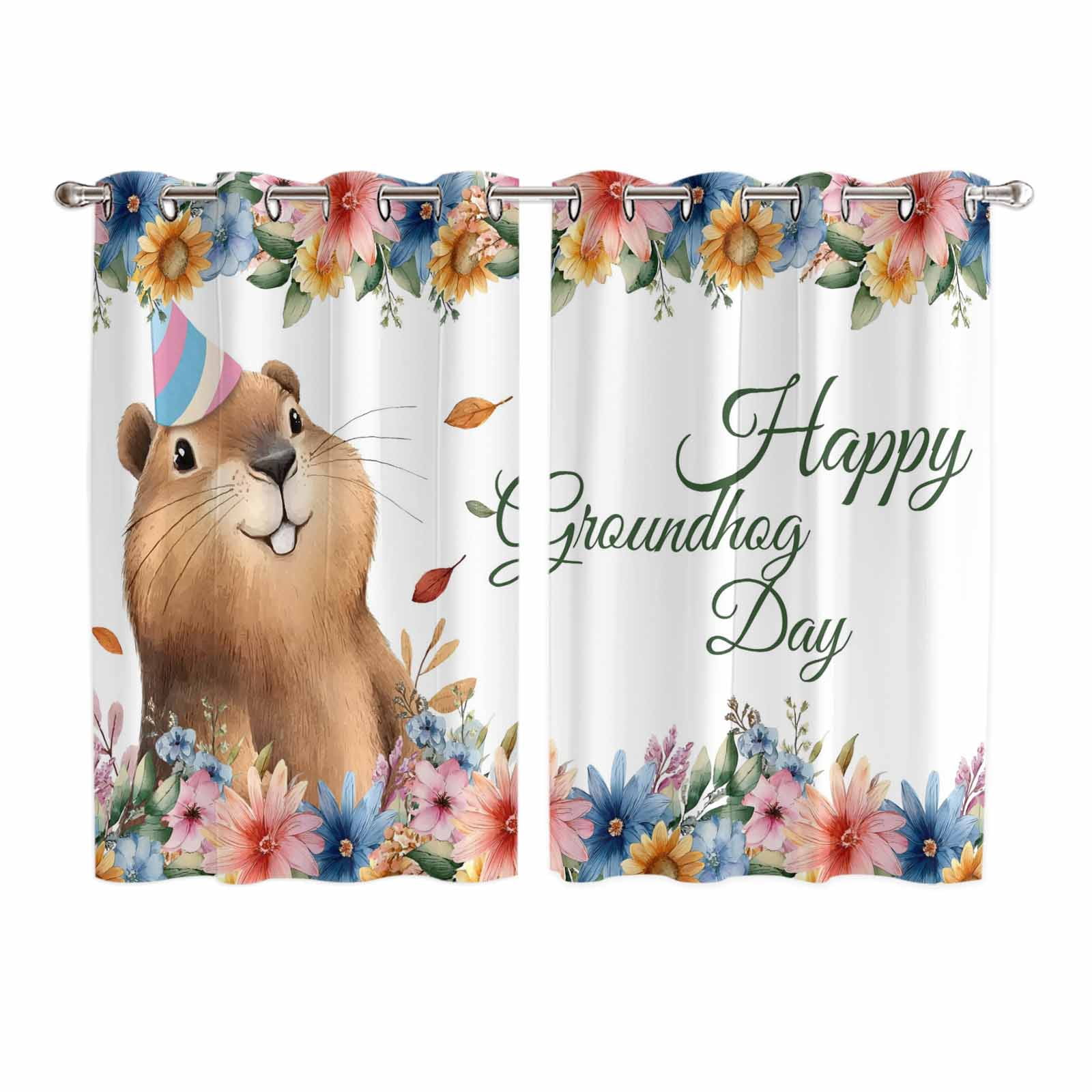 Happy Groundhog Day Kitchen Curtains Window Panels, Cute Ground Rat ...