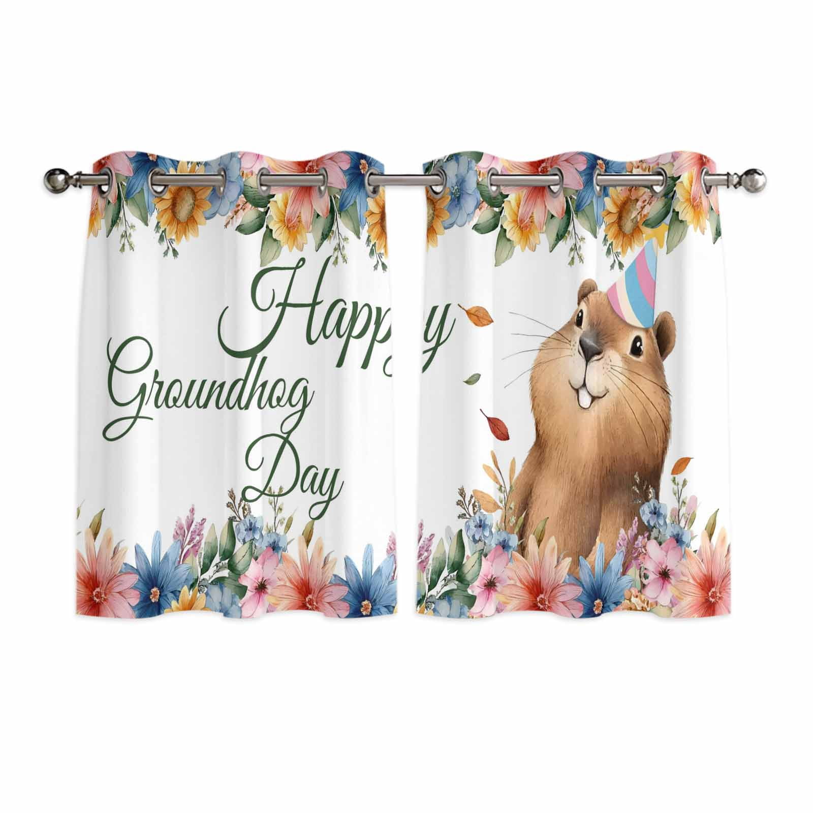 Happy Groundhog Day Kitchen Curtains Window Panels, Cute Ground Rat ...