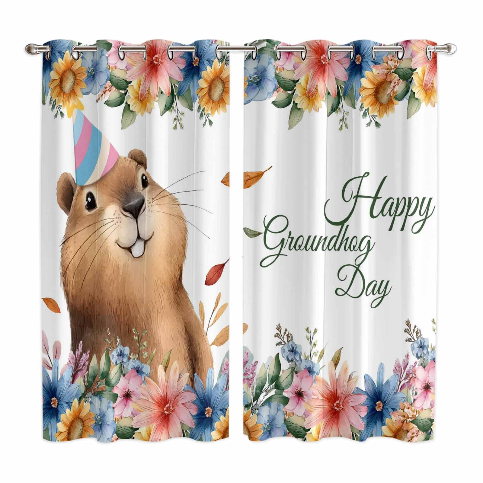 Happy Groundhog Day Kitchen Curtains Window Panels, Cute Ground Rat ...