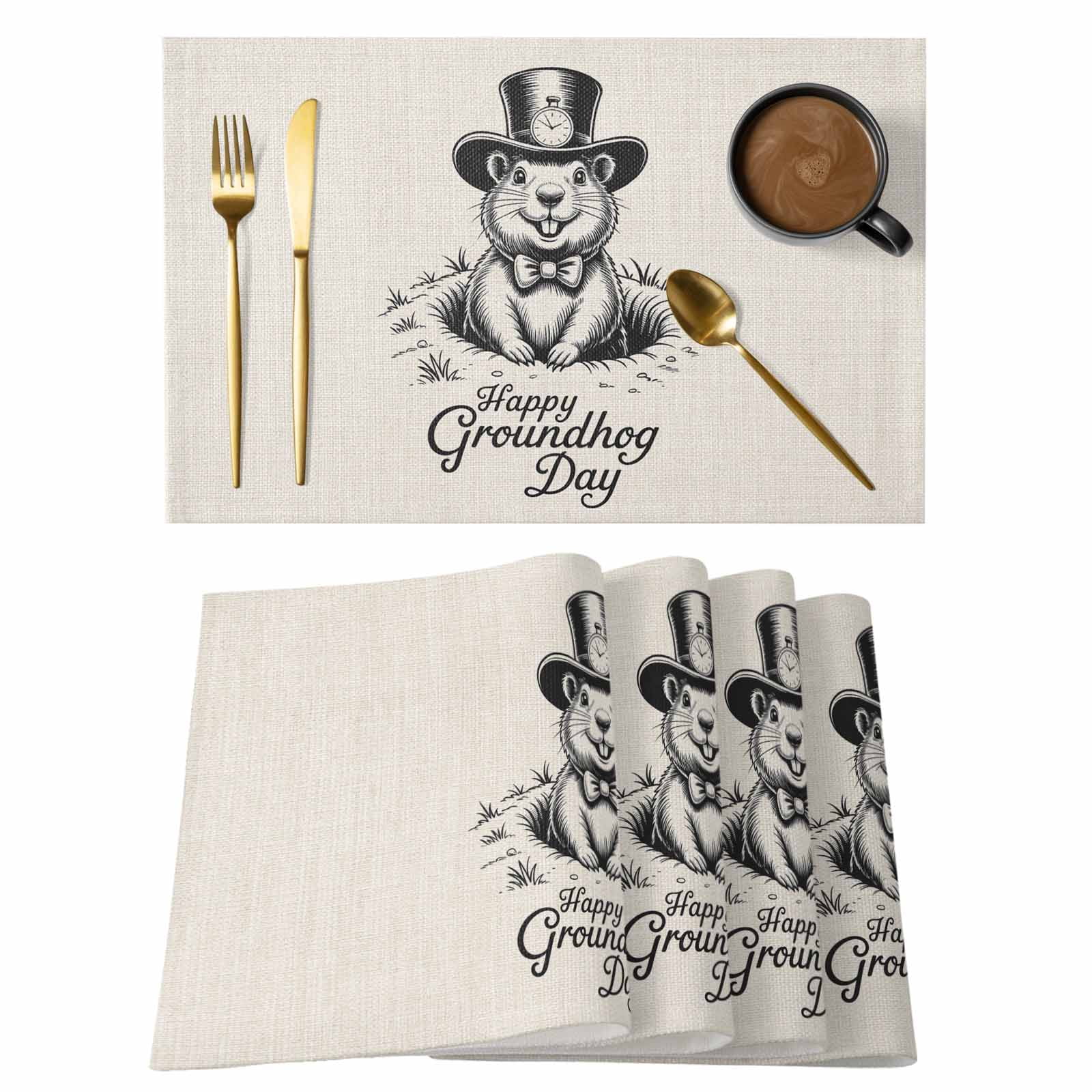 Happy Groundhog Day Placemats Set of 12, Hand-Painting Black White ...