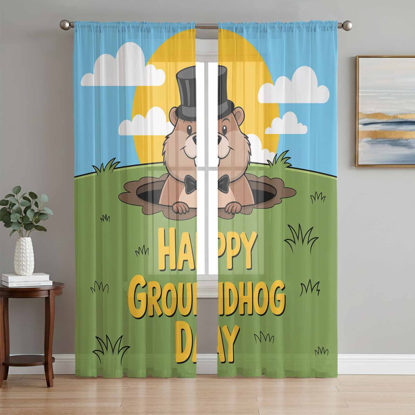 Happy Groundhog Day Sheer Curtains 108 Inch Length 2 Panels Set Window ...