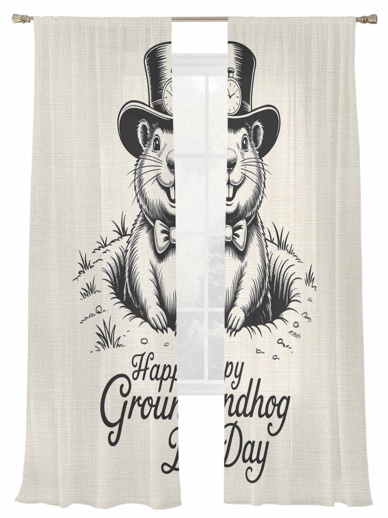Happy Groundhog Day Sheer Curtains 2 Panels Set Hand-Painting Black ...
