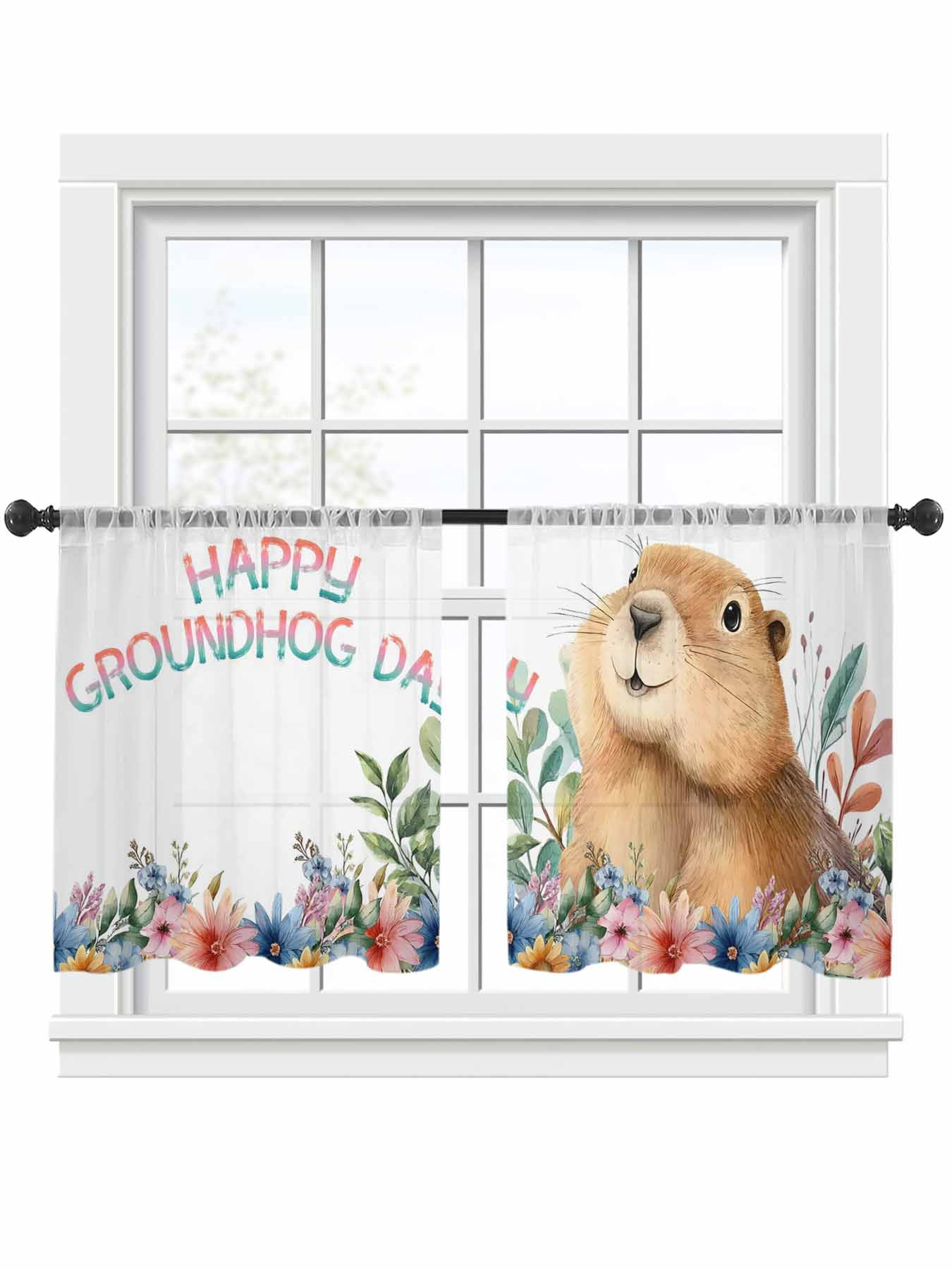 Happy Groundhog Day Sheer Curtains 2 Panels Set Watercolor Cute Ground ...