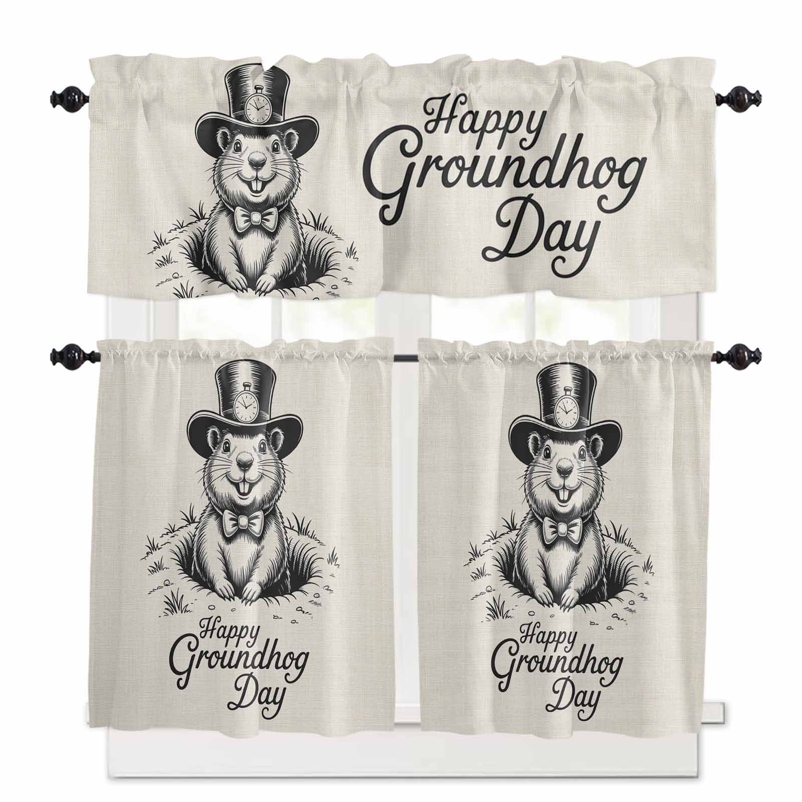 Happy Groundhog Day Window Curtains Valance Set of 3 Hand-Painting ...