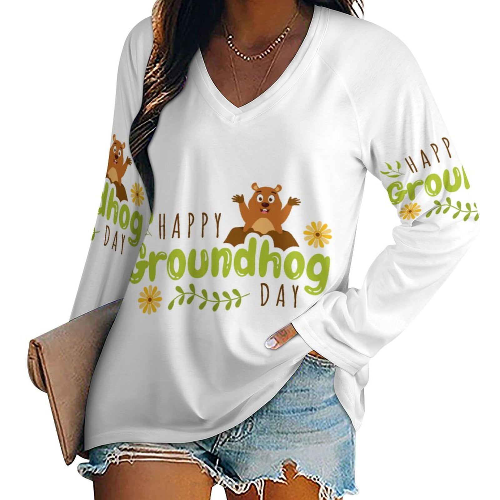 Happy Groundhog Day Women's Long Sleeve Shirts Casual V Neck Tops for ...