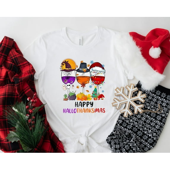 Happy HalloThanksMas Wine Shirt - Cute Drinking T-shirt - Funny ...