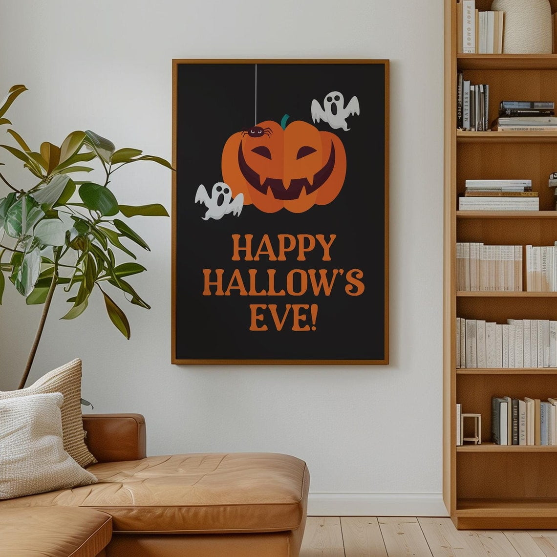 Happy Hallow'S Eve Poster, Cute Pumpkin And Ghosts Wall Art, Fun ...