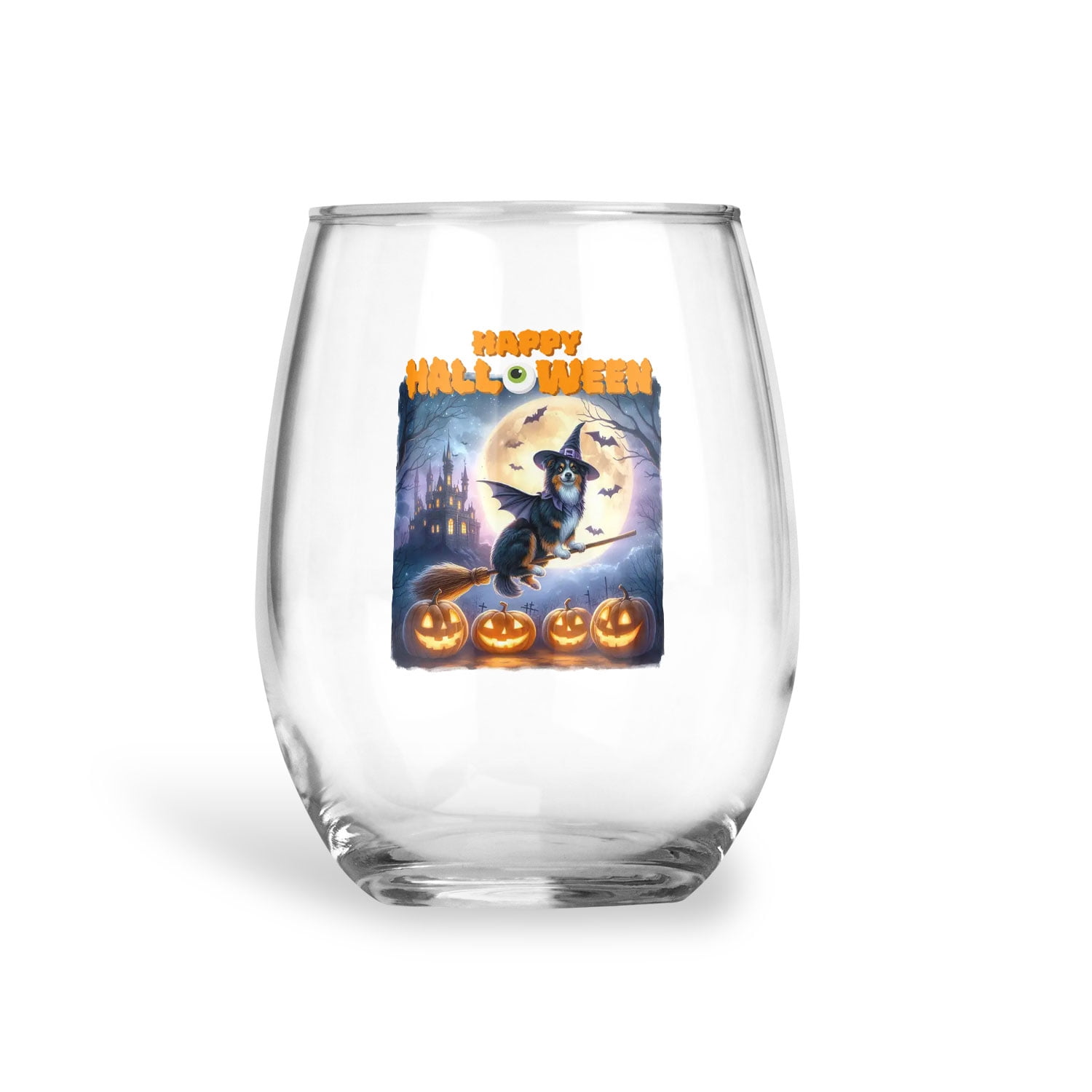 Happy Halloween Australian Shepherd Witch Pumpkins Bats 15oz Stemless ...