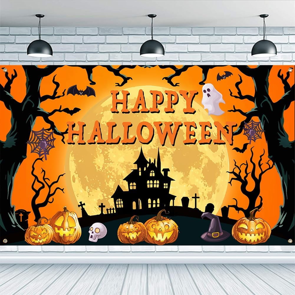Happy Halloween Backdrop 5.9x3.6ft Pumpkin Bats Spiders Ghosts Pattern ...