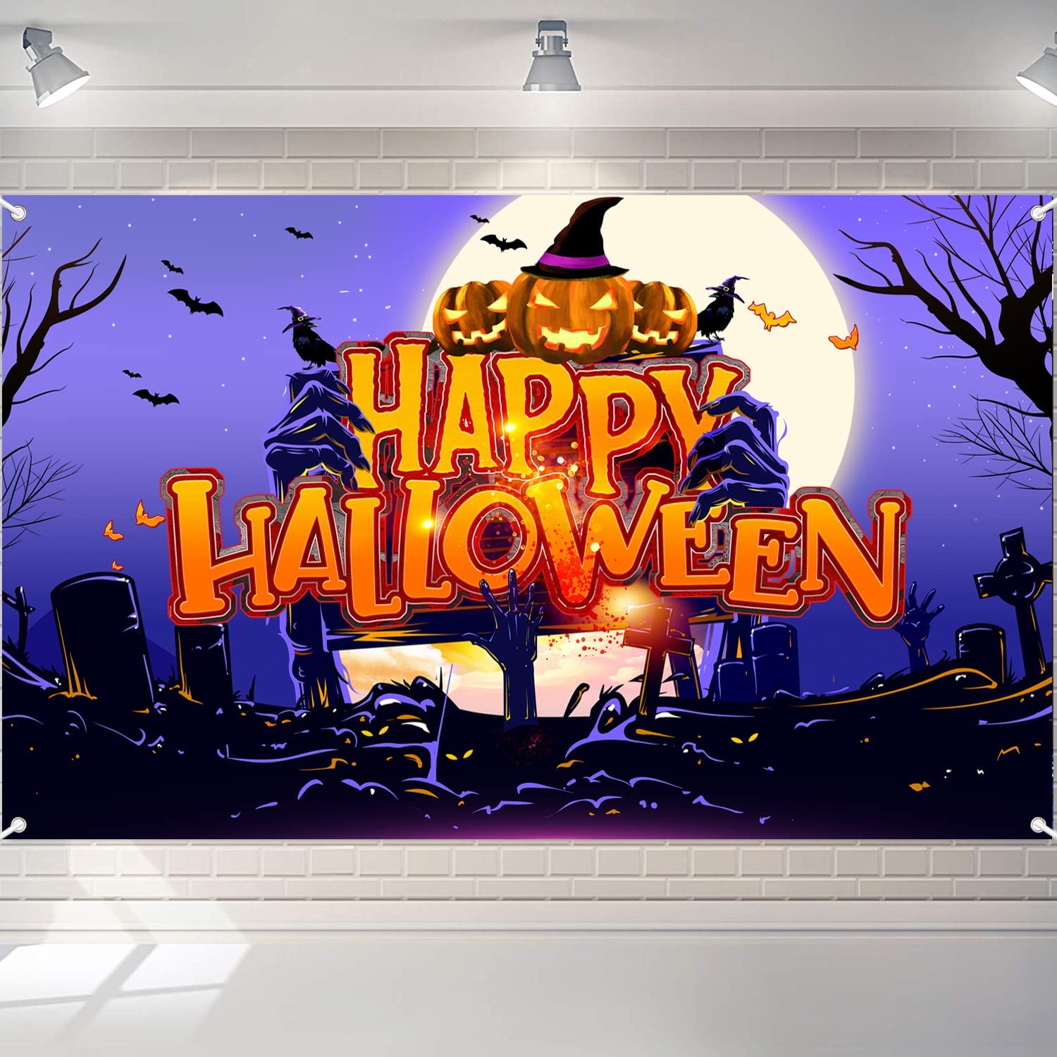 Happy Halloween Backdrop Banner, Purple Night Moon Cemetery Pumpkin ...