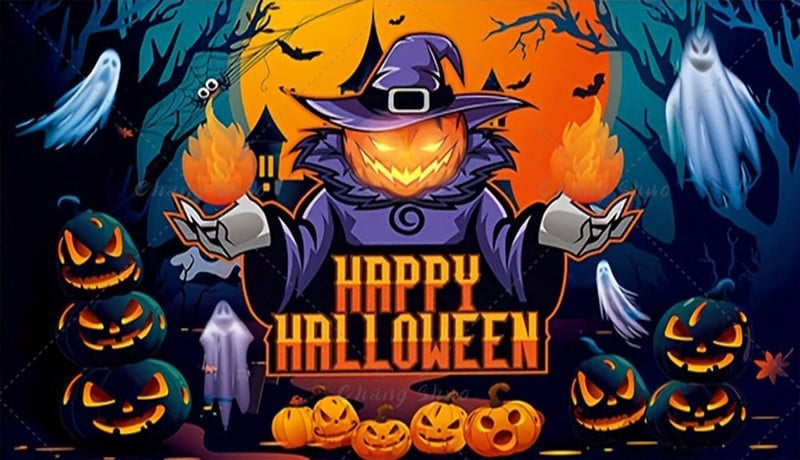 Happy Halloween Backdrop Horror Moon Pumpkin Witch Bat Castle A Little ...