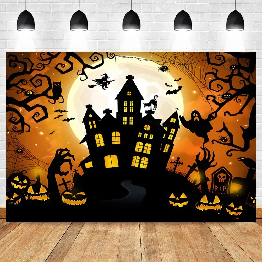 Happy Halloween Backdrop Horror Moon Pumpkin Witch Bat Castle A Little ...