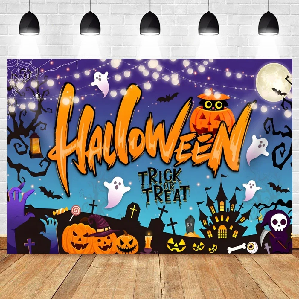 Happy Halloween Backdrop Horror Moon Pumpkin Witch Bat Castle A Little ...