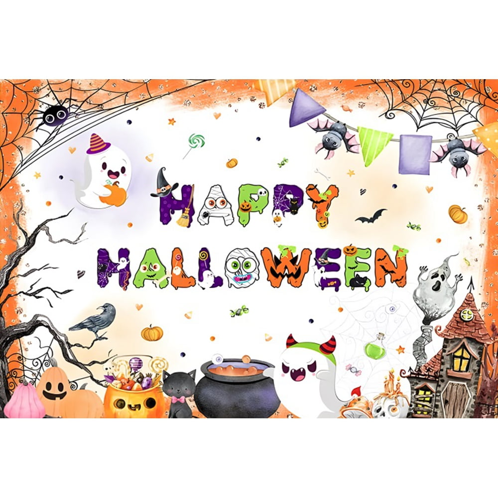 Happy Halloween Backdrop Horror Moon Pumpkin Witch Bat Castle Party r ...