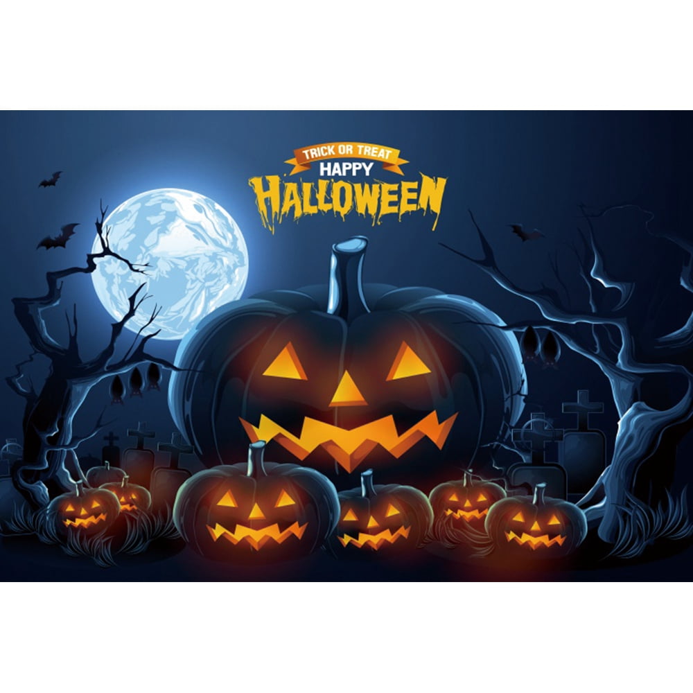 Happy Halloween Backdrop Horror Moon Pumpkin Witch Bat Castle Party r ...