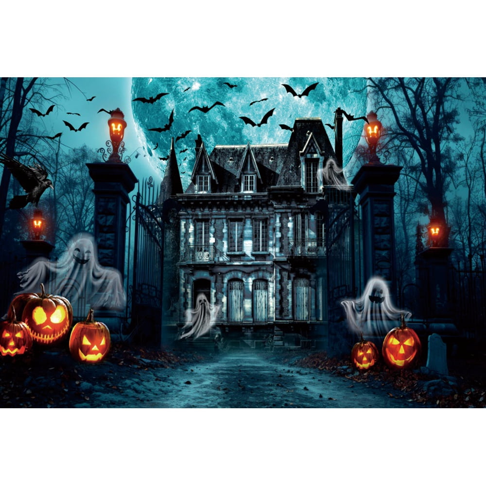 Happy Halloween Backdrop Horror Moon Pumpkin Witch Bat Castle Party r ...