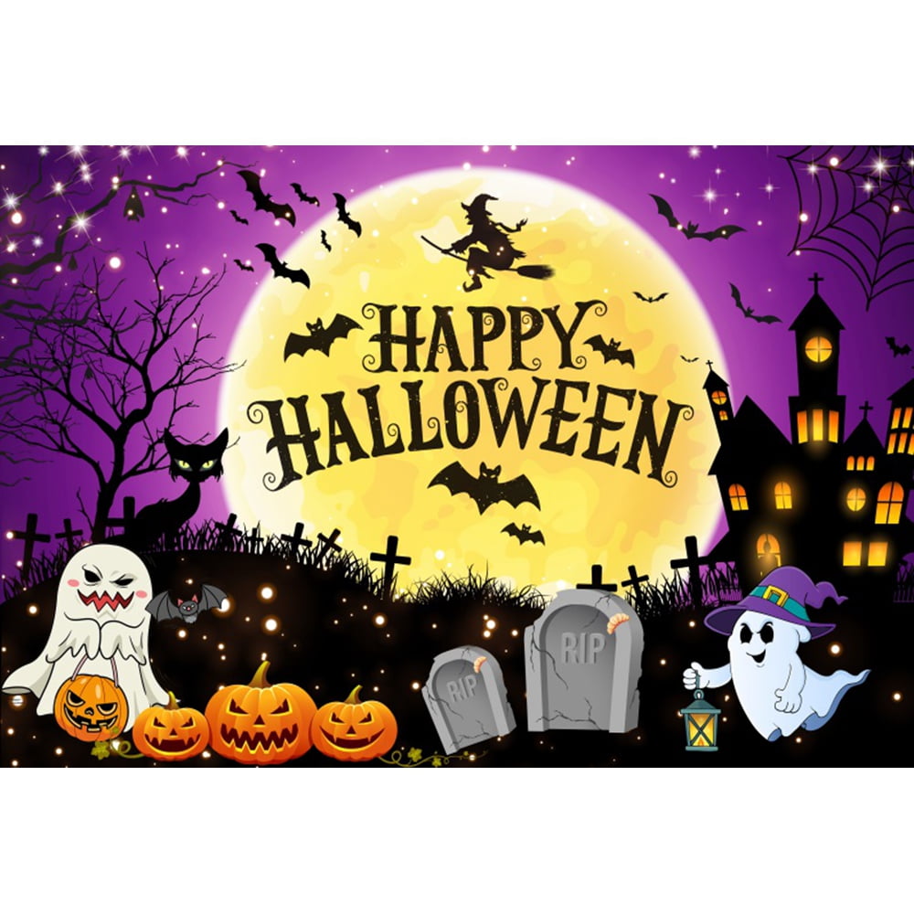 Happy Halloween Backdrop Horror Moon Pumpkin Witch Bat Castle Party r ...
