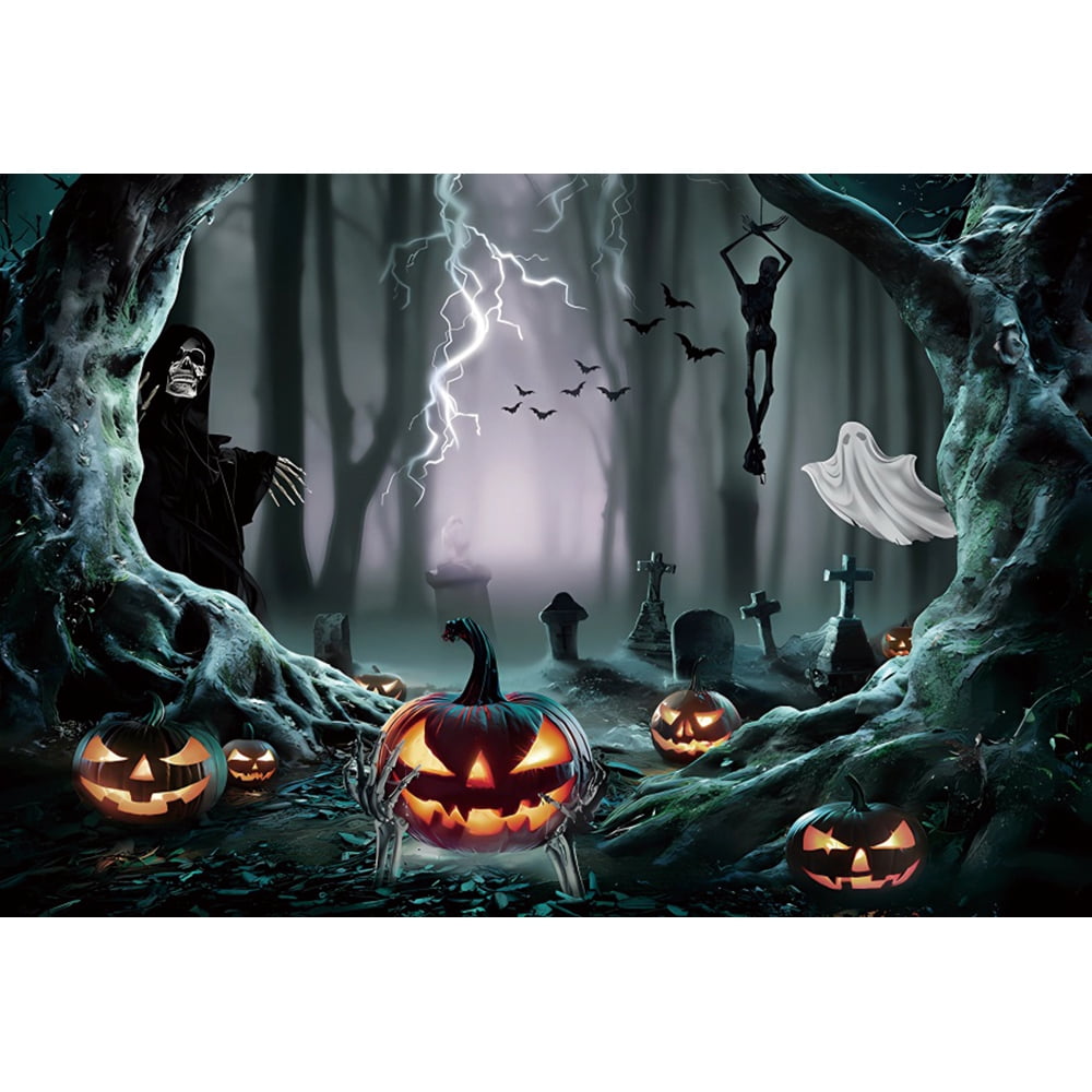 Happy Halloween Backdrop Horror Night Moon Scary Grave Shadow Skull ...