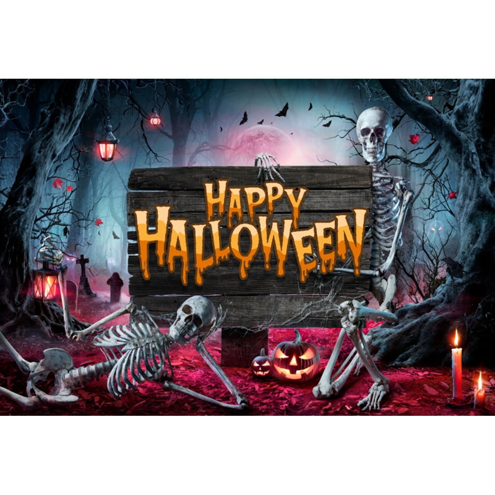 Happy Halloween Backdrop Horror Night Moon Scary Grave Shadow Skull ...