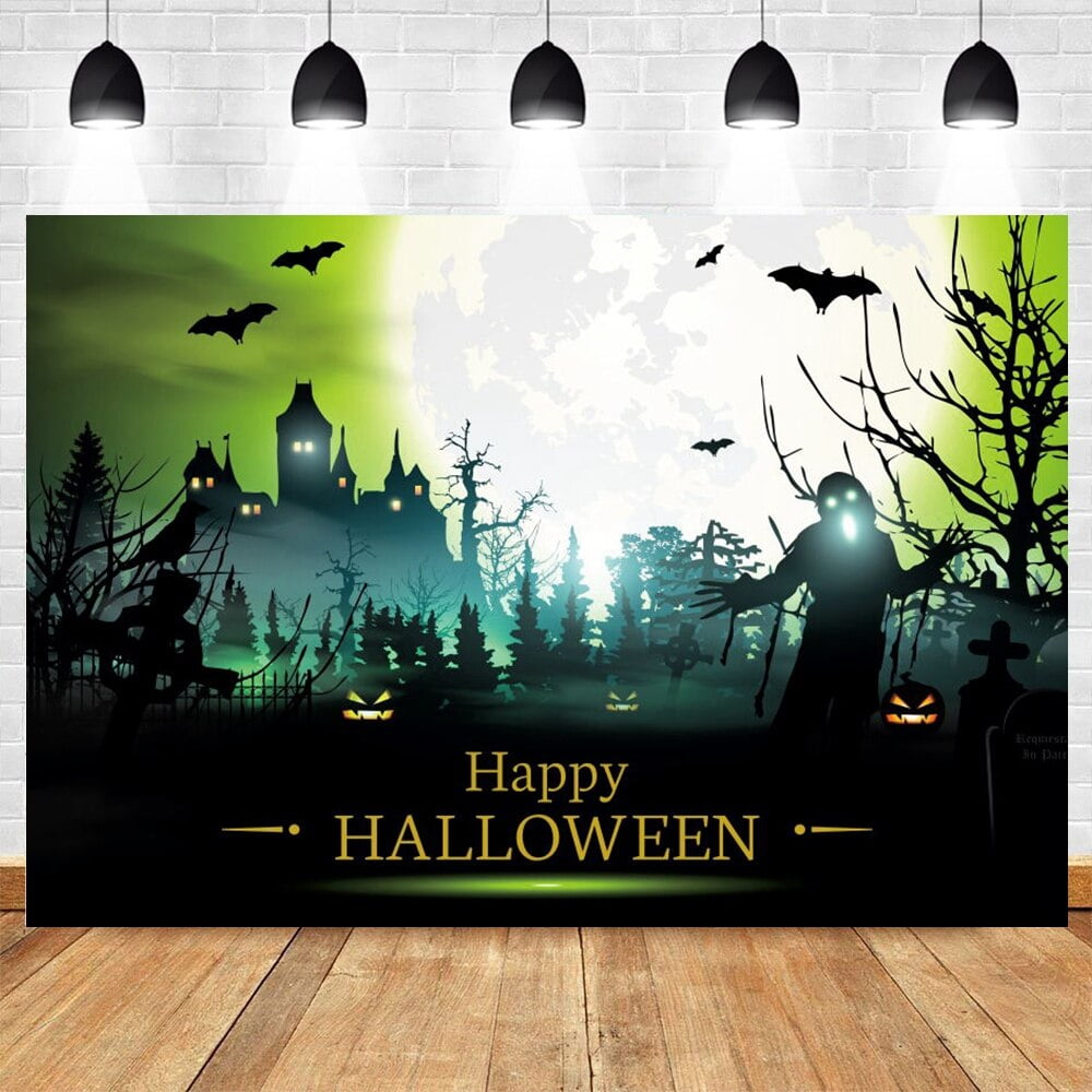 Happy Halloween Backdrop Moon Castle Branches Tombstone Scary Scene ...