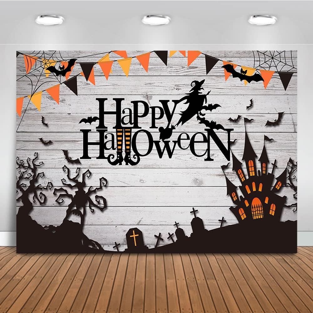 Happy Halloween Backdrop Spider Web Witch and Flying Bats Photography ...