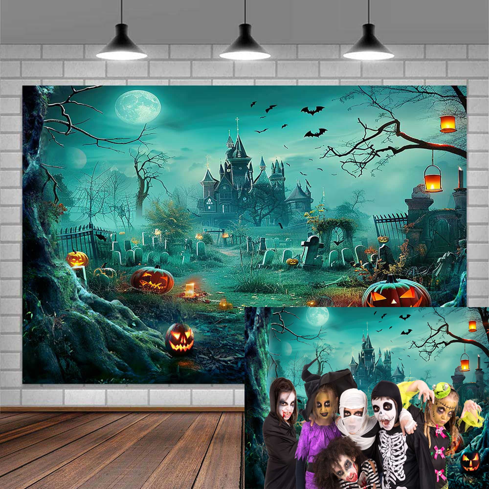 Happy Halloween Backdrop Spooky Castle Pumpkin Lantern Cemetery Full ...
