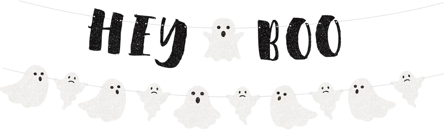 Happy Halloween Banner,2Pcs Pre-Strung Glitter Black and Cute Hey Boo ...