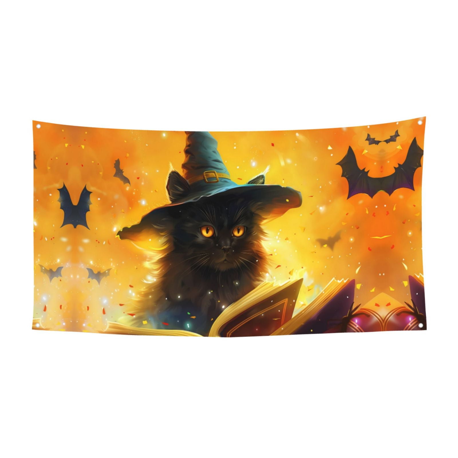 Happy Halloween Banner - Halloween Blue Witch Hat Black Cat Large ...