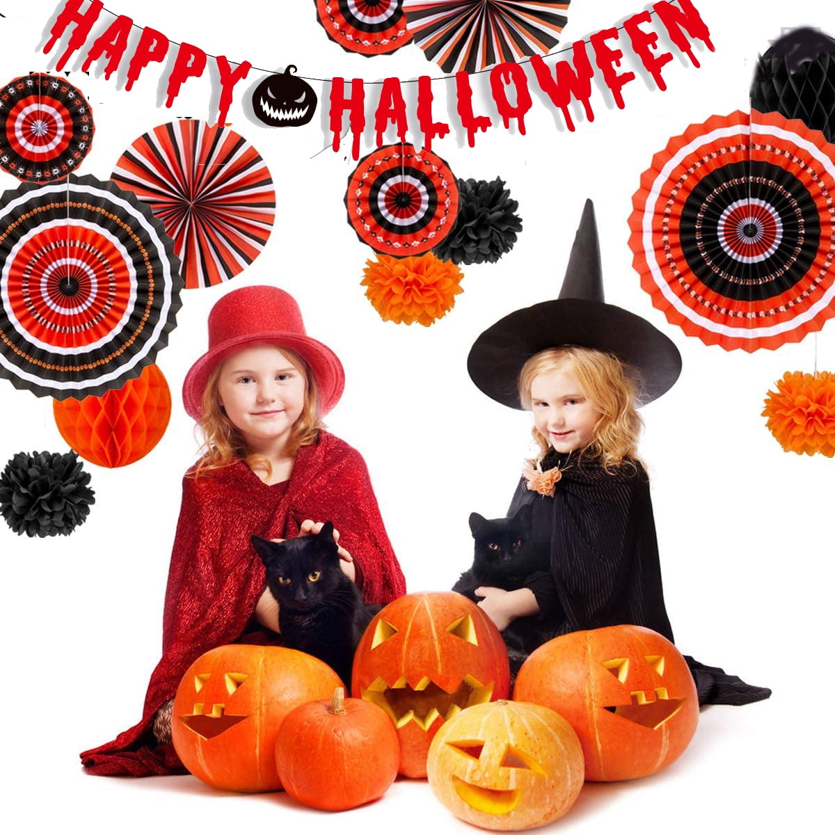 Happy Halloween Honeycomb Decor Set, 13Pcs Banner & Hanging Paper Fans ...