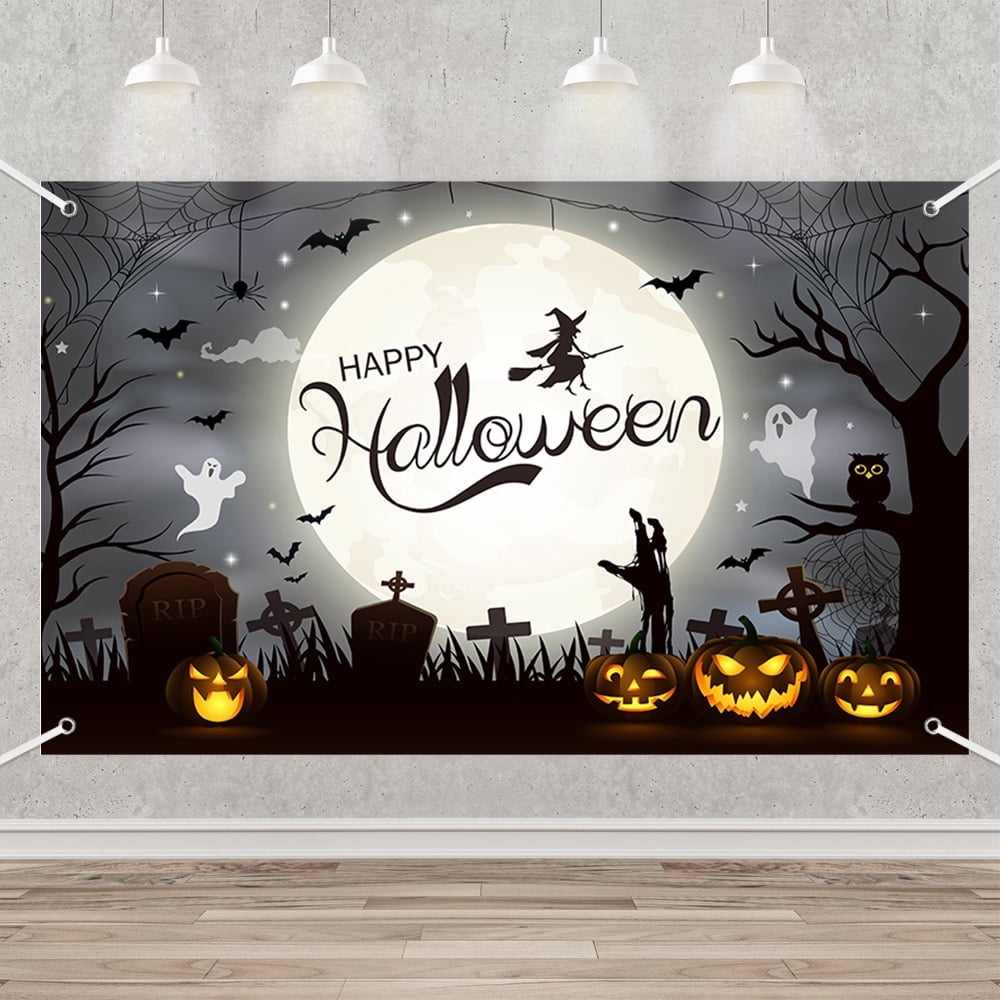 Happy Halloween Banner Full Moon Scary Night Photography Backdrop Graveyard Pumpkin Lantern ...