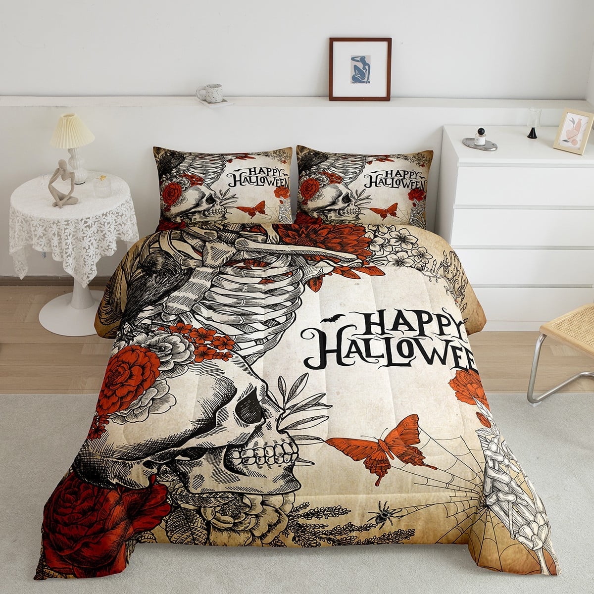 Happy Halloween Bedding Death Skull Skeleton Comforter Set Rose Floral ...
