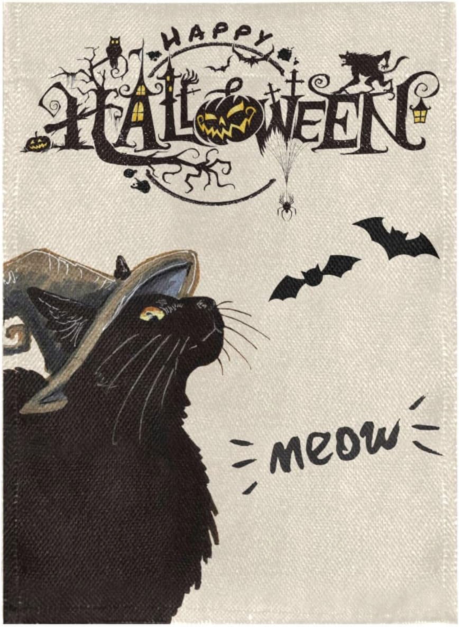 Happy Halloween Black Cats Burlap Flags Double Sided 28x40 IN Spooky ...