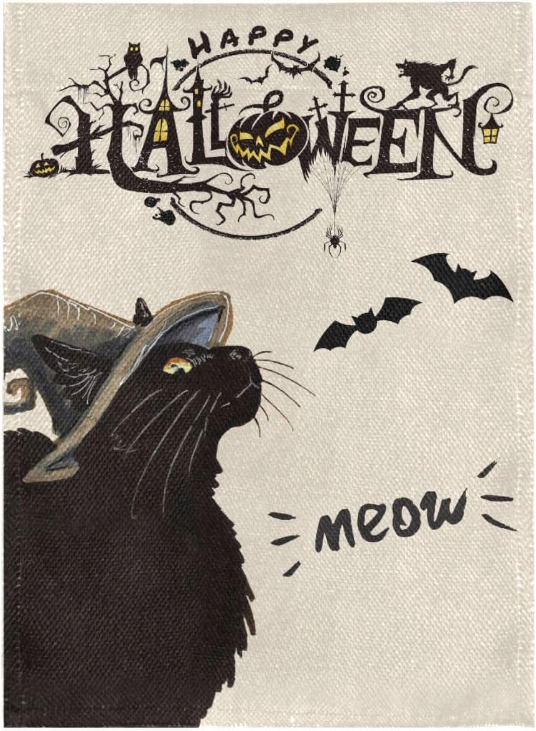 Happy Halloween Black Cats Burlap Garden Flag Spooky Witch Cat Double ...