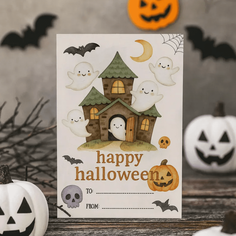 Happy Halloween Card for Kids – Cute Ghosts and Haunted House Design ...